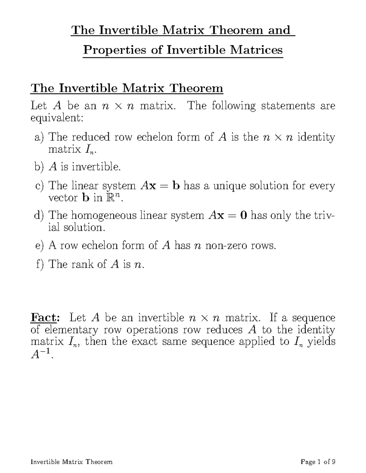 Invertible Matrix Theorem - The following statements are equivalent: a ...