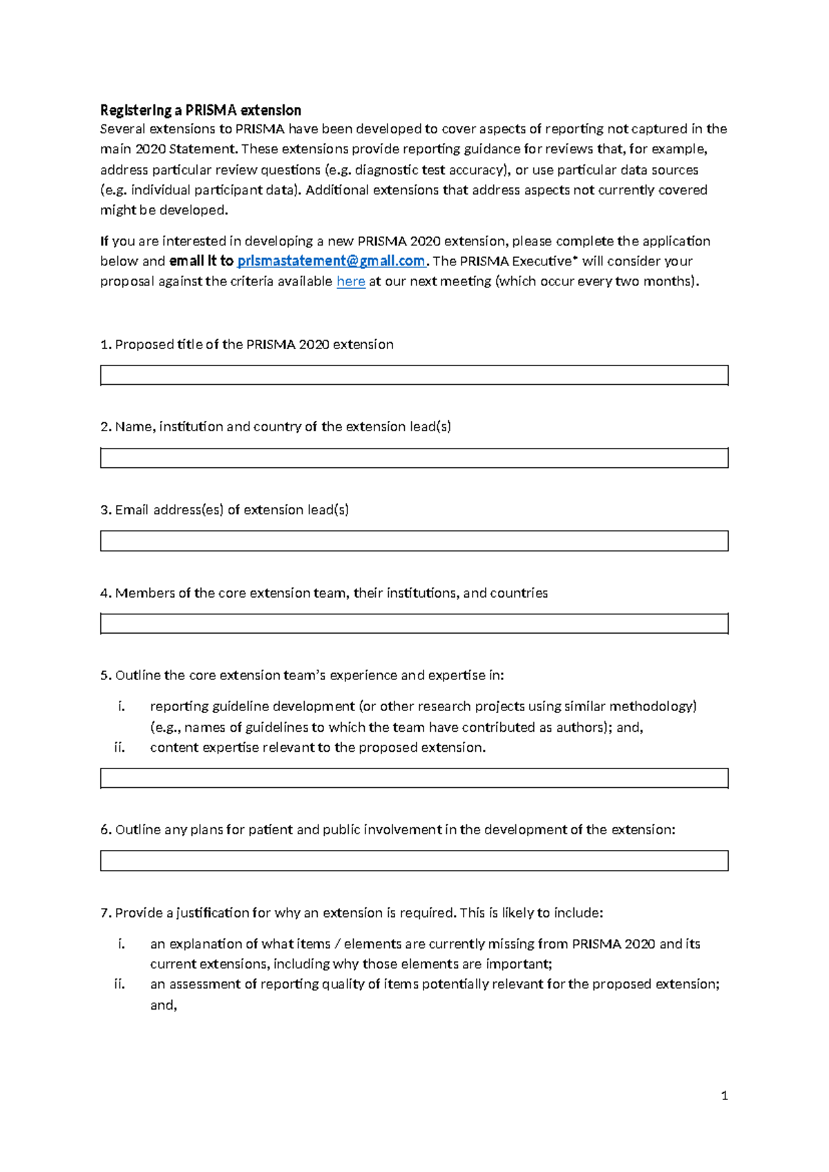 PRISMA 2020 Extension Registration Form: Guidelines for Development ...