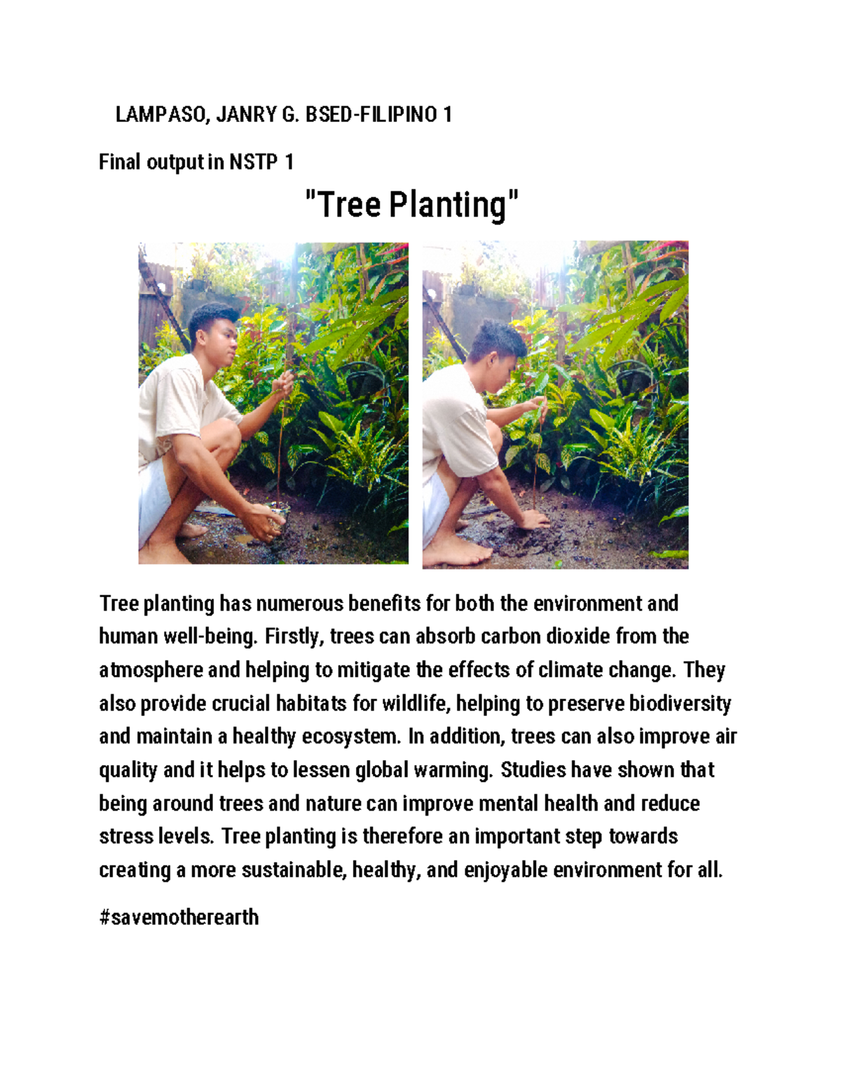 Tree planting essay document - LAMPASO, JANRY G. BSED-FILIPINO 1 Final ...