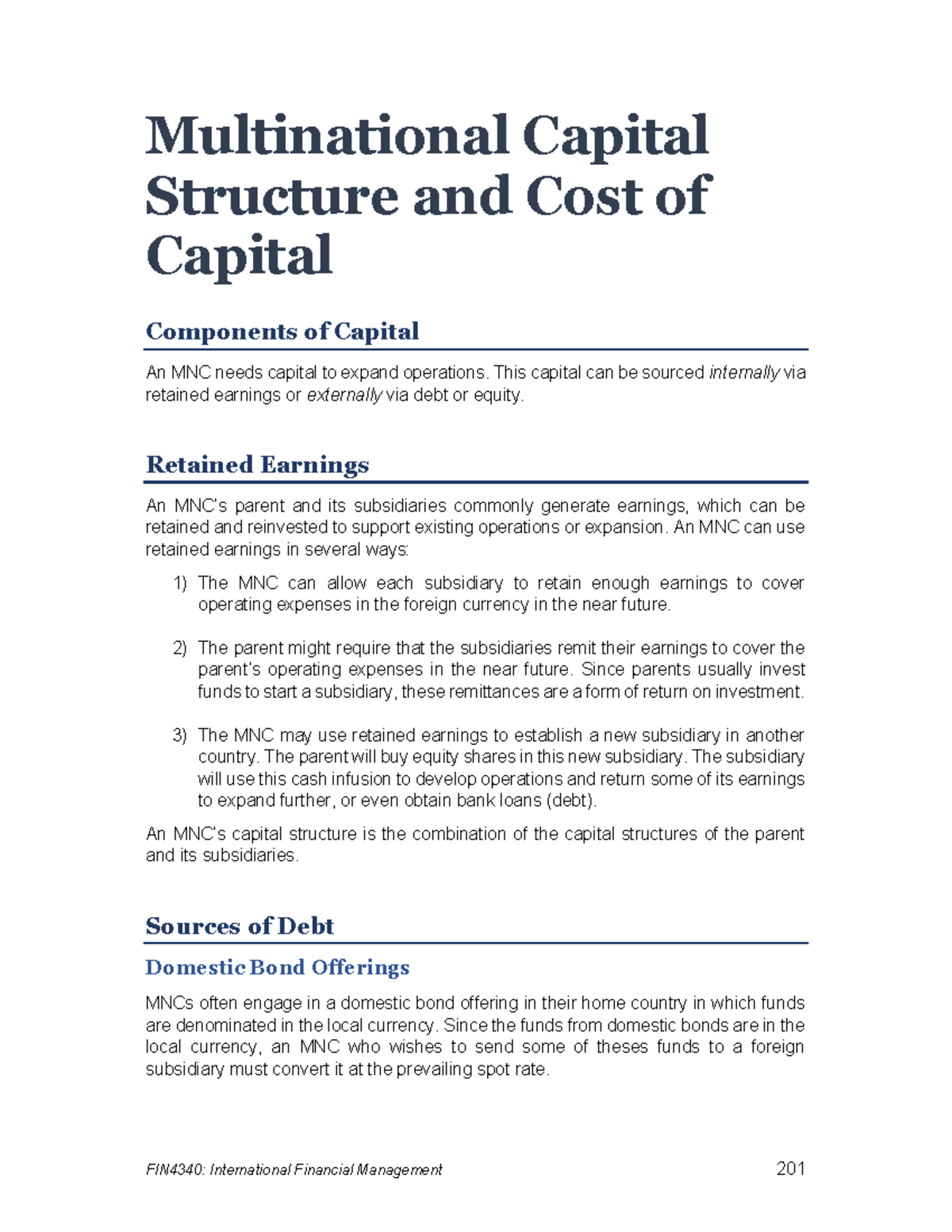 FIN 4340 - Analysis of Multinational Capital Structure & Cost of ...