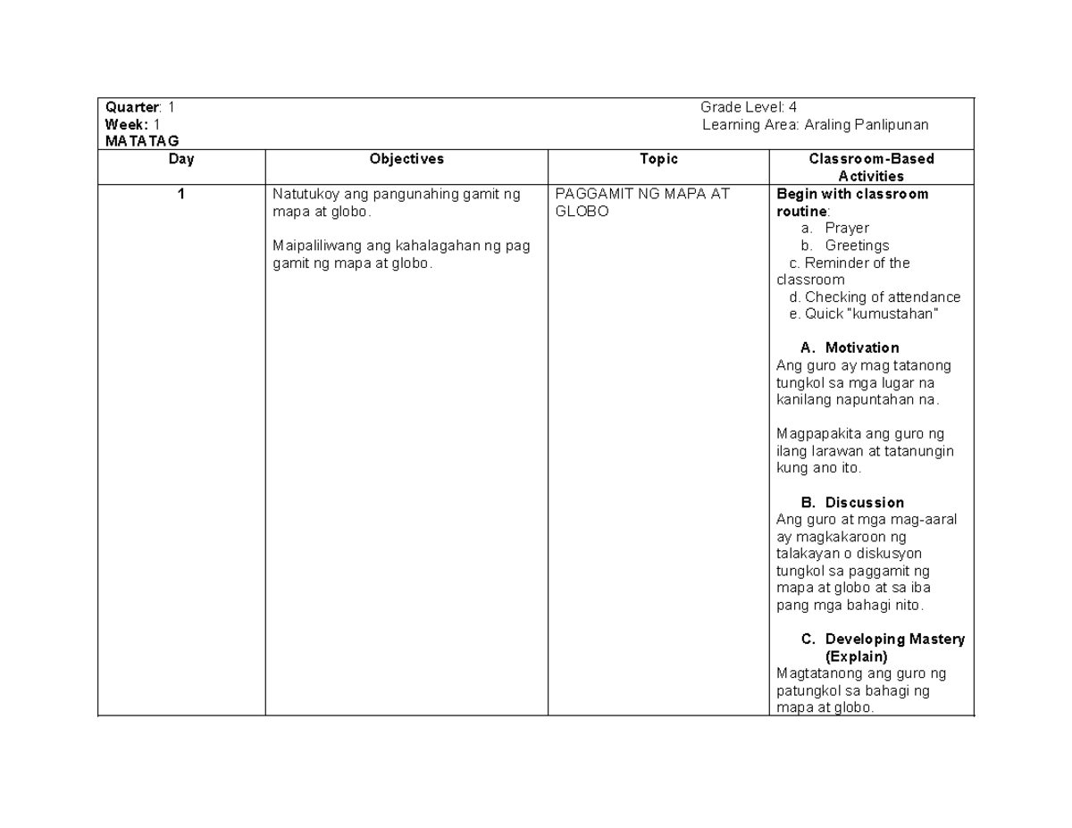 WLP - Araling Panlipunan 4: Paggamit ng Mapa at Globo (Week 1) - Studocu