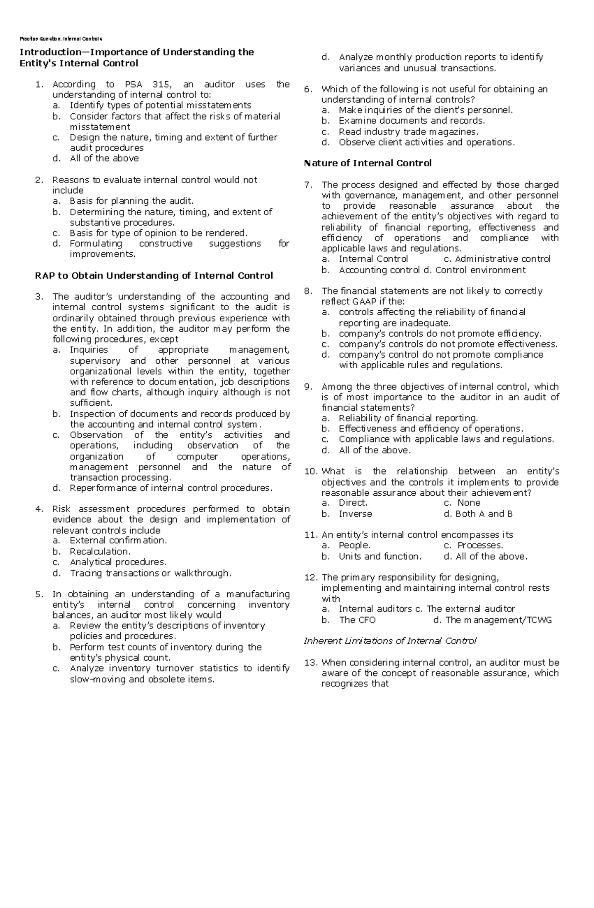 Qiozzer AT-Internal Control Consideration - Practice Question. Internal Controls - Studocu