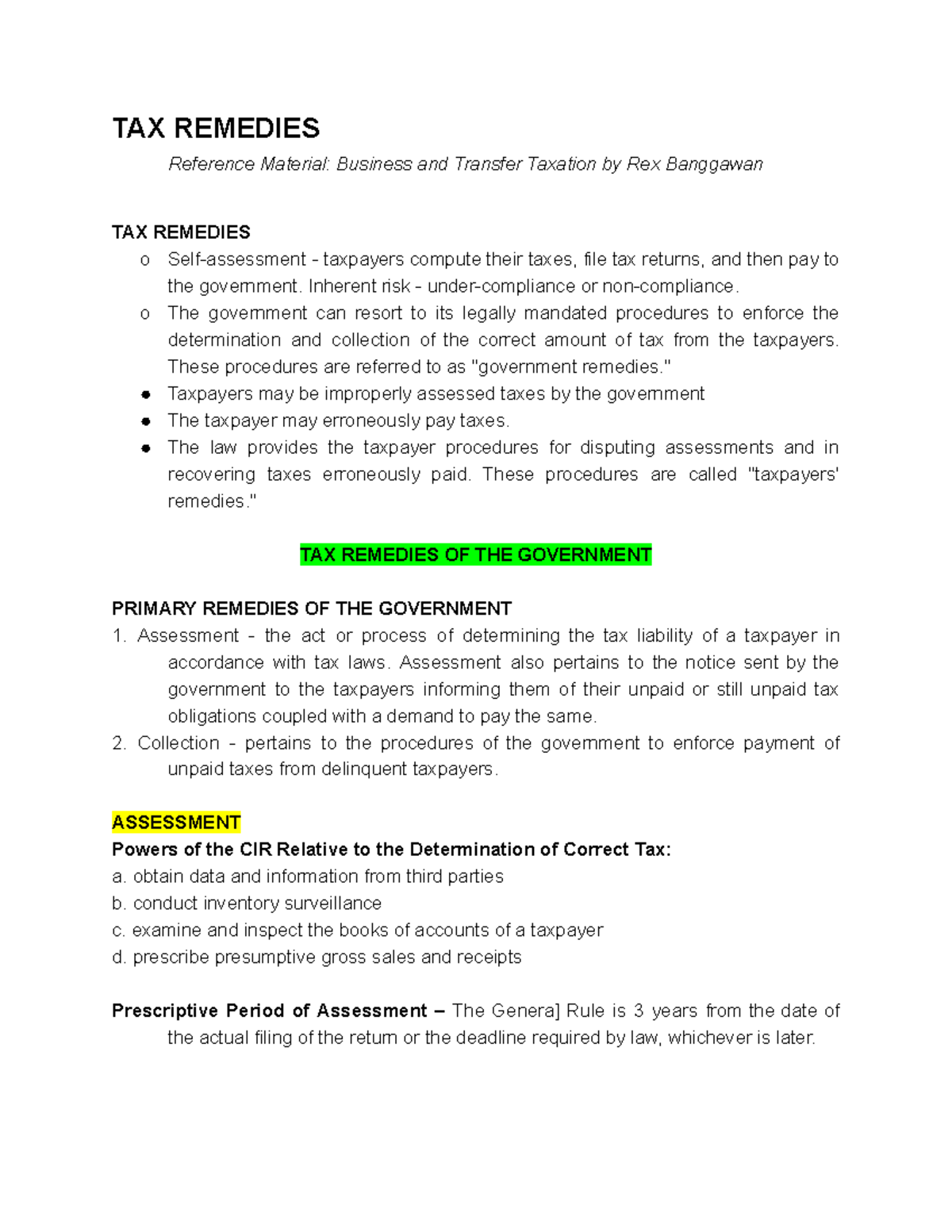 TAX Remedies - TAX REMEDIES Reference Material: Business and Transfer ...