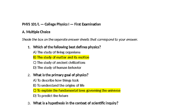 PHYS 101 College Physics I Midterm Exam Review Questions - Studocu