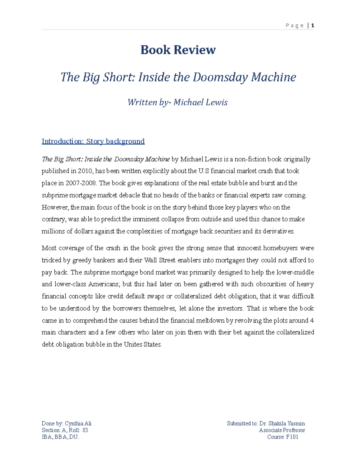 Book review word - Book Review The Big Short: Inside the Doomsday ...