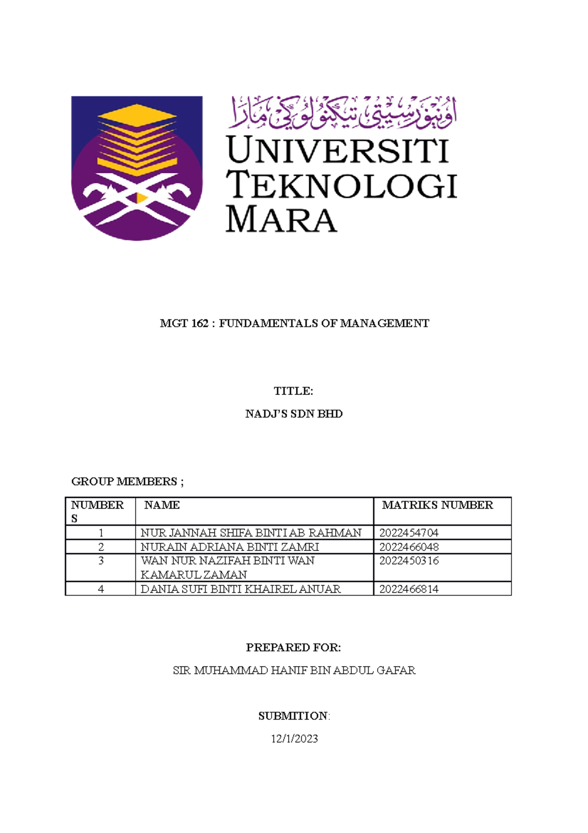 MGT 162 - Group Project Report: NADJ'S SDN BHD Overview and Analysis ...