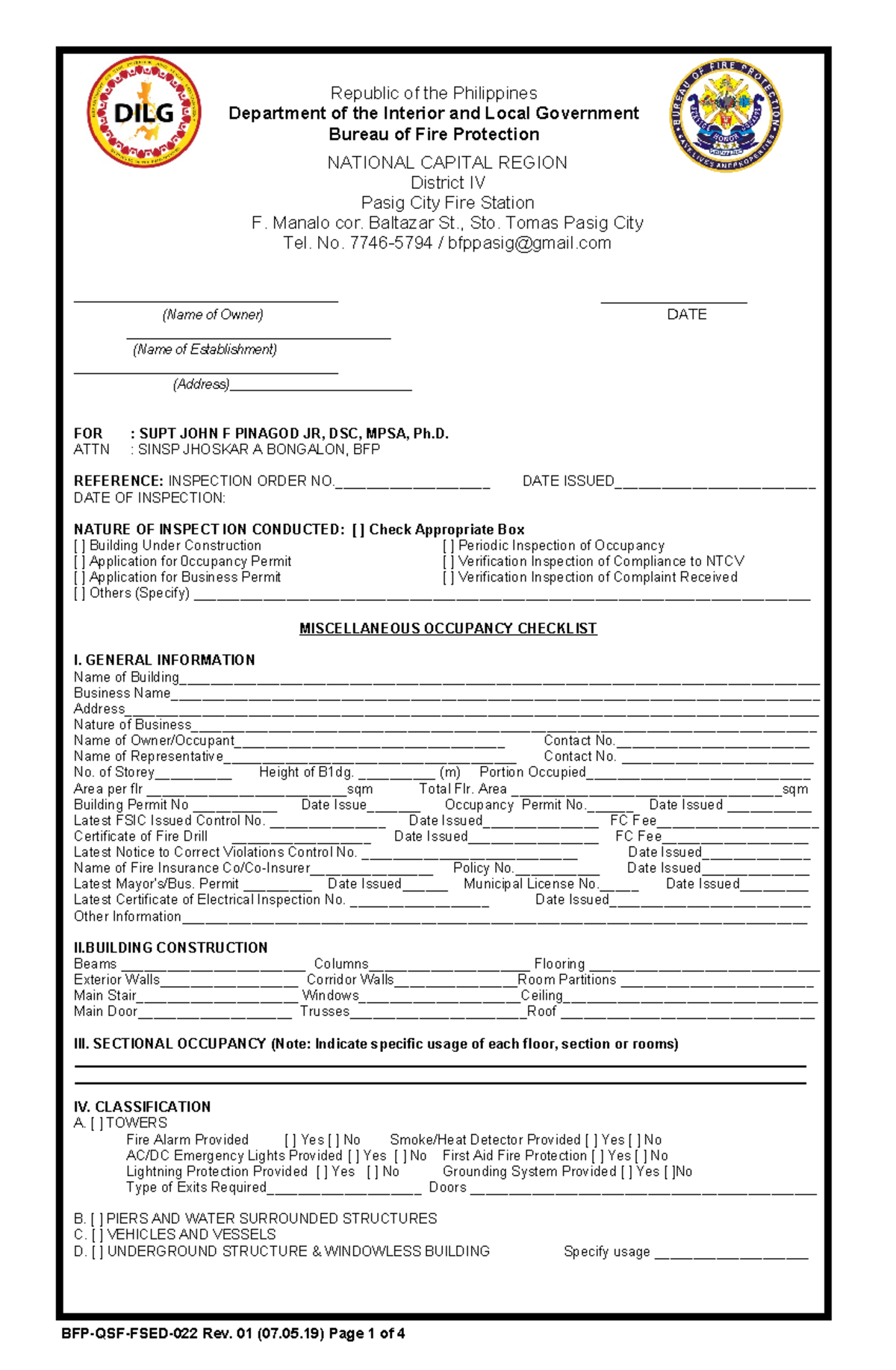 FSED 022 Checklist Miscellaneous Occupancy Rev01 070519 - Department of ...