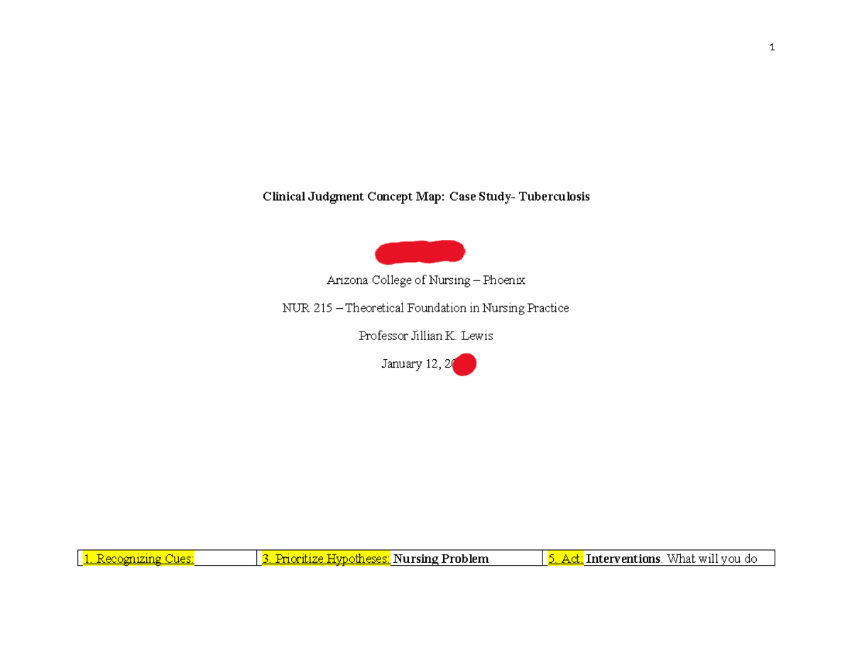 NUR 215 Case Study on Tuberculosis: Clinical Judgment Concept Map - Studocu