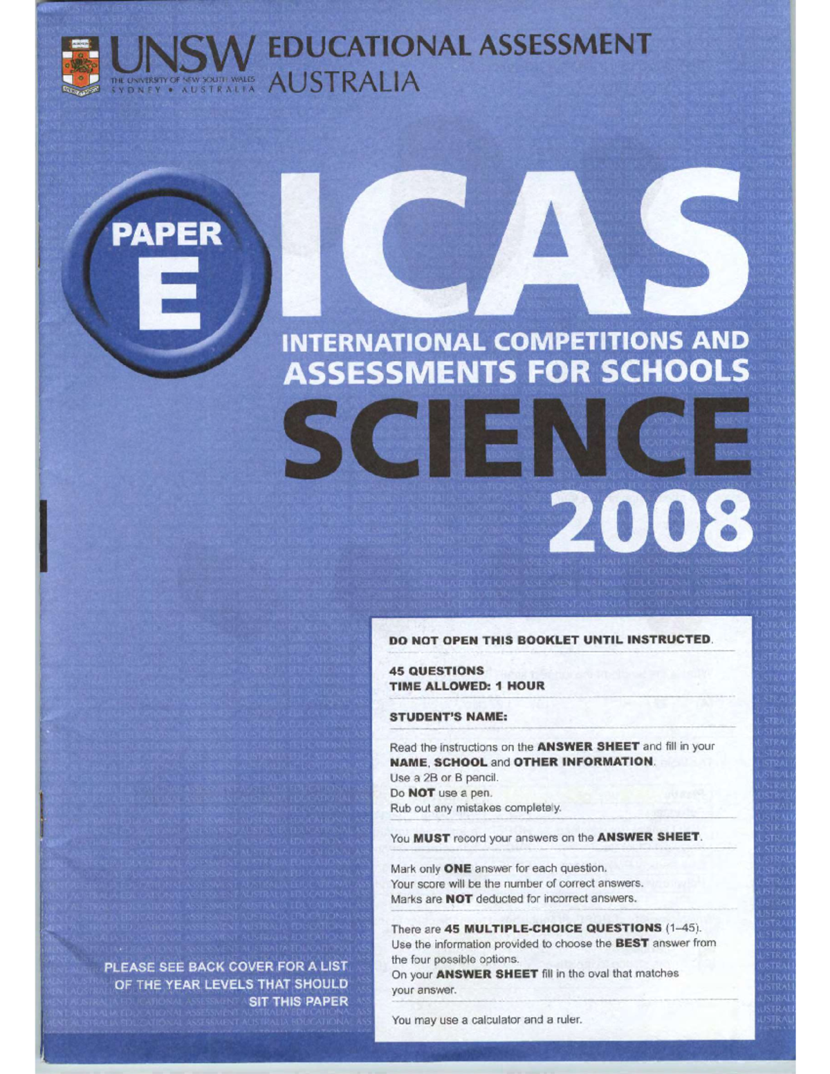 2008 ICAS Science Paper E - Assessment Questions - Studocu