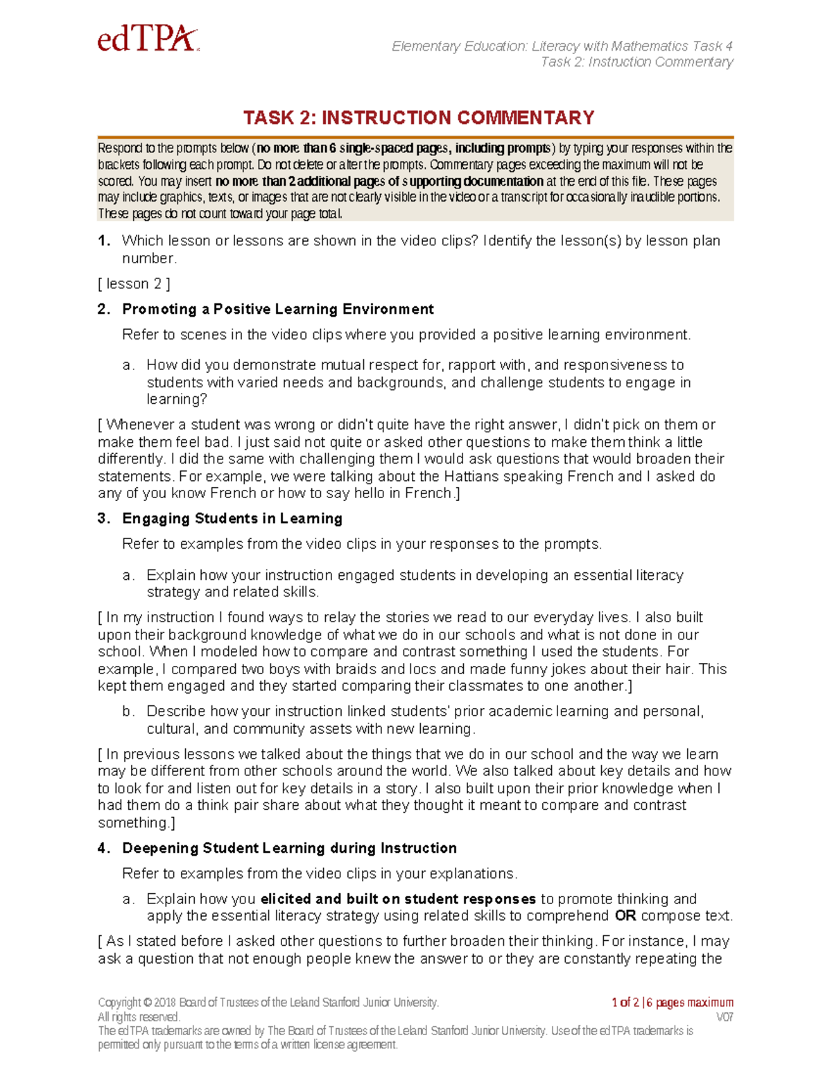 Task 2 Instruction Commentary Template for Literacy edTPA (Part B ...