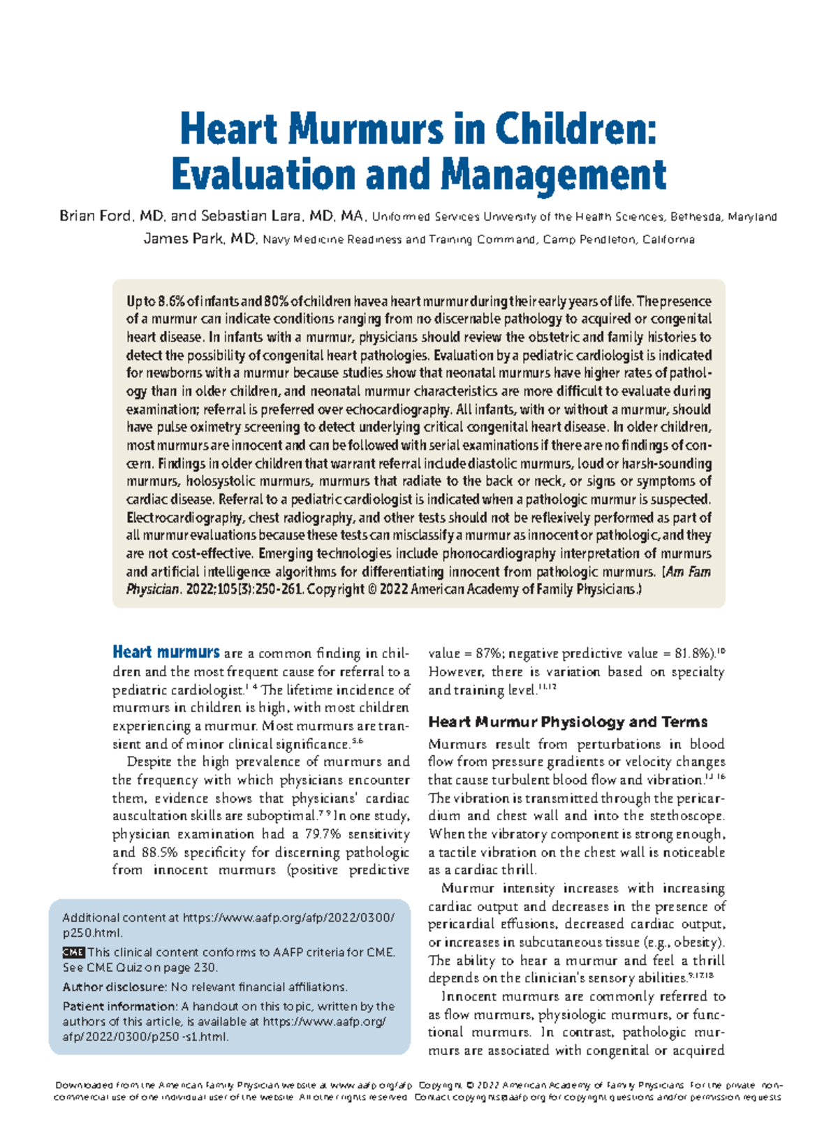 Heart Murmurs in Children: Evaluation and Management (FM 101) - Studocu