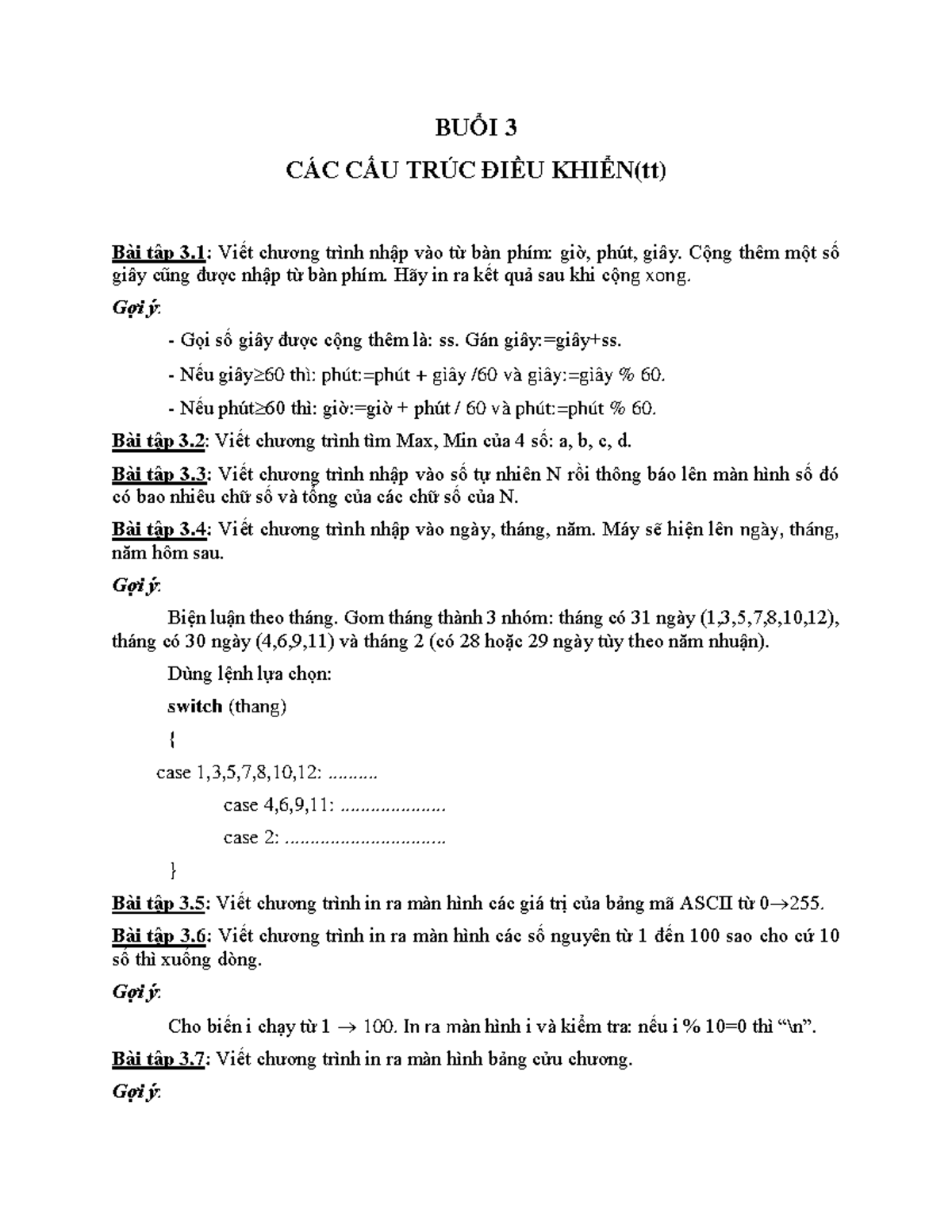 CS211 Lab 03 - Các Bài Tập Về Cấu Trúc Điều Khiển - Studocu