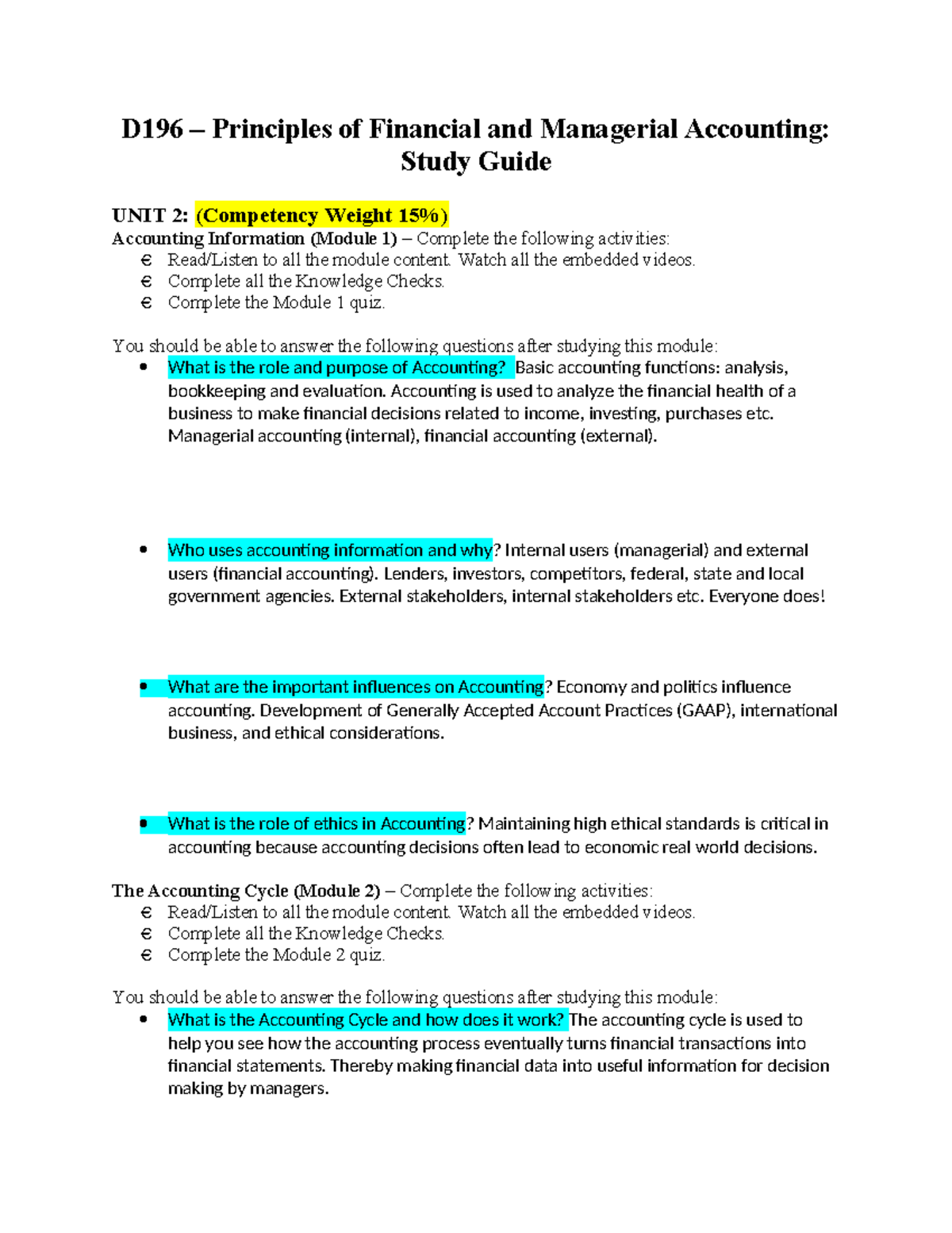 D196 Study Guide: Principles of Financial & Managerial Accounting - Studocu