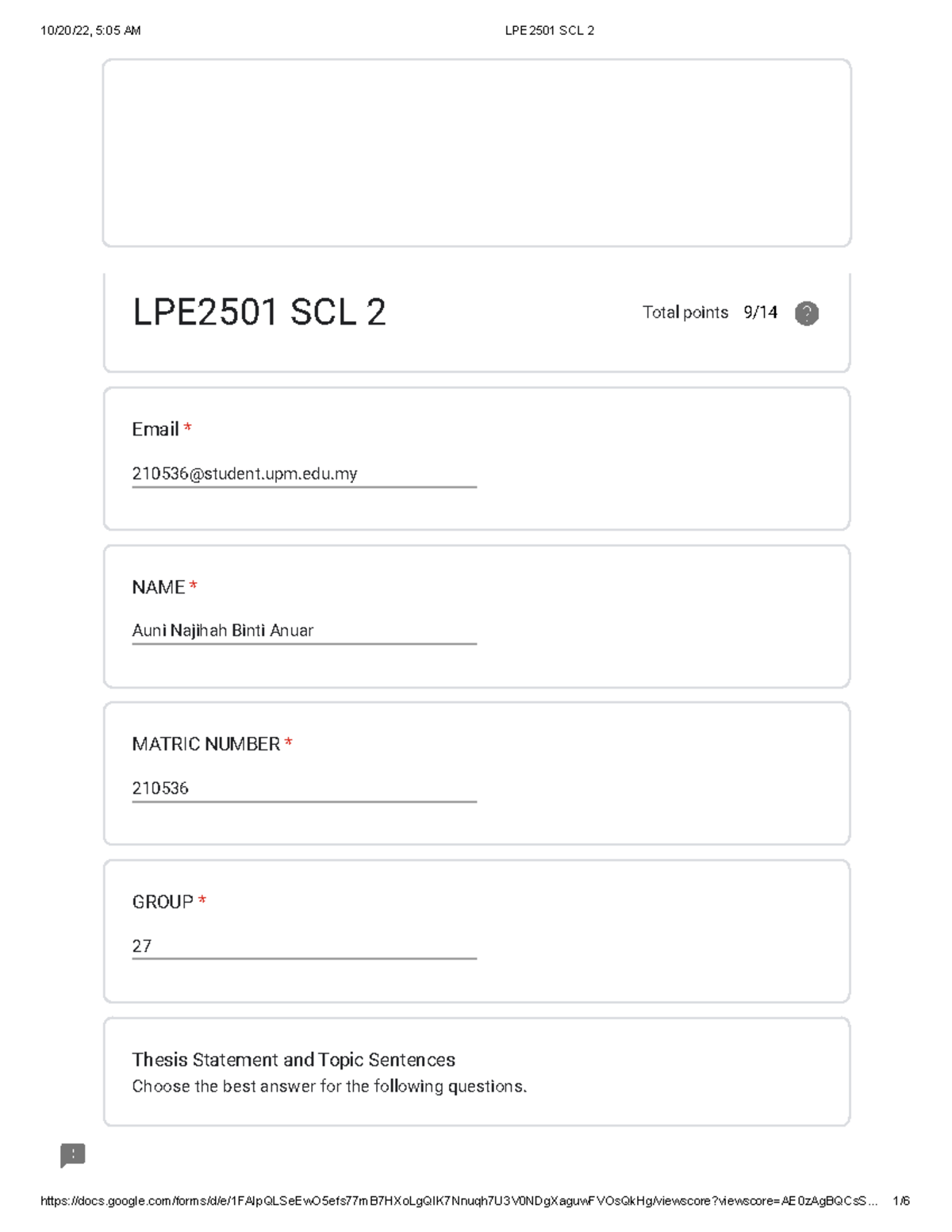 LPE2501 SCL 2 Thesis Statement & Topic Sentences Quiz - Studocu
