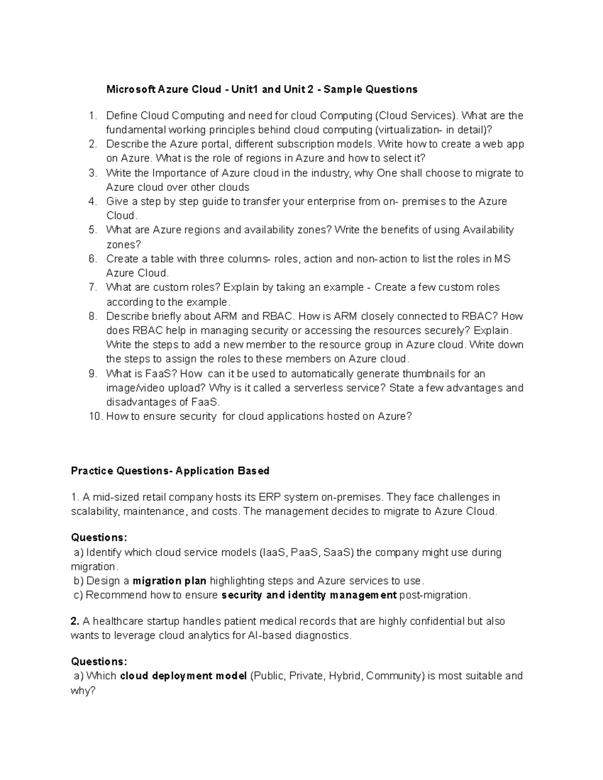 Azure Sample Questions for Cloud Computing (Unit 1 & 2) - Studocu