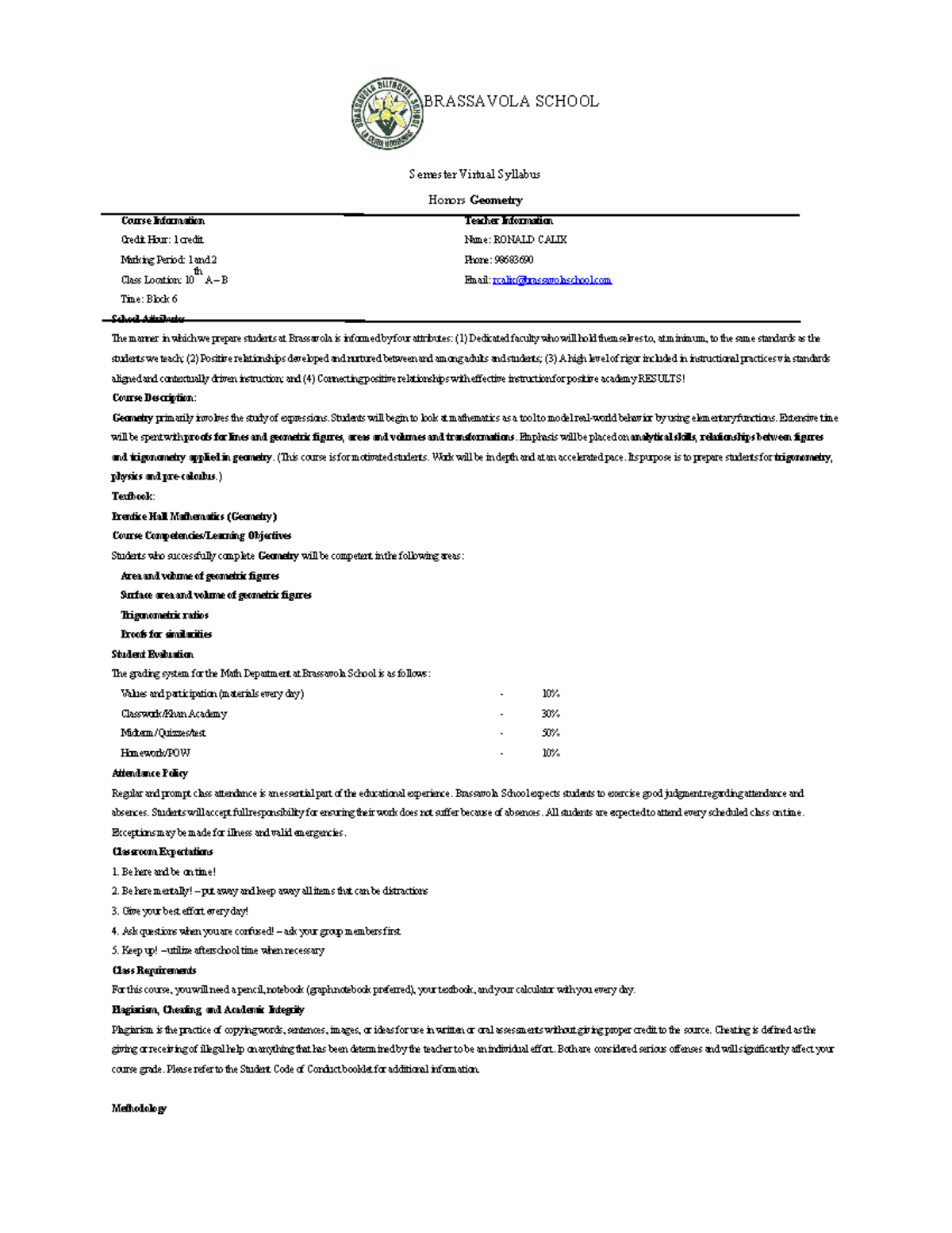 Honors Geometry Syllabus - Course Code 1692107154640 - Studocu