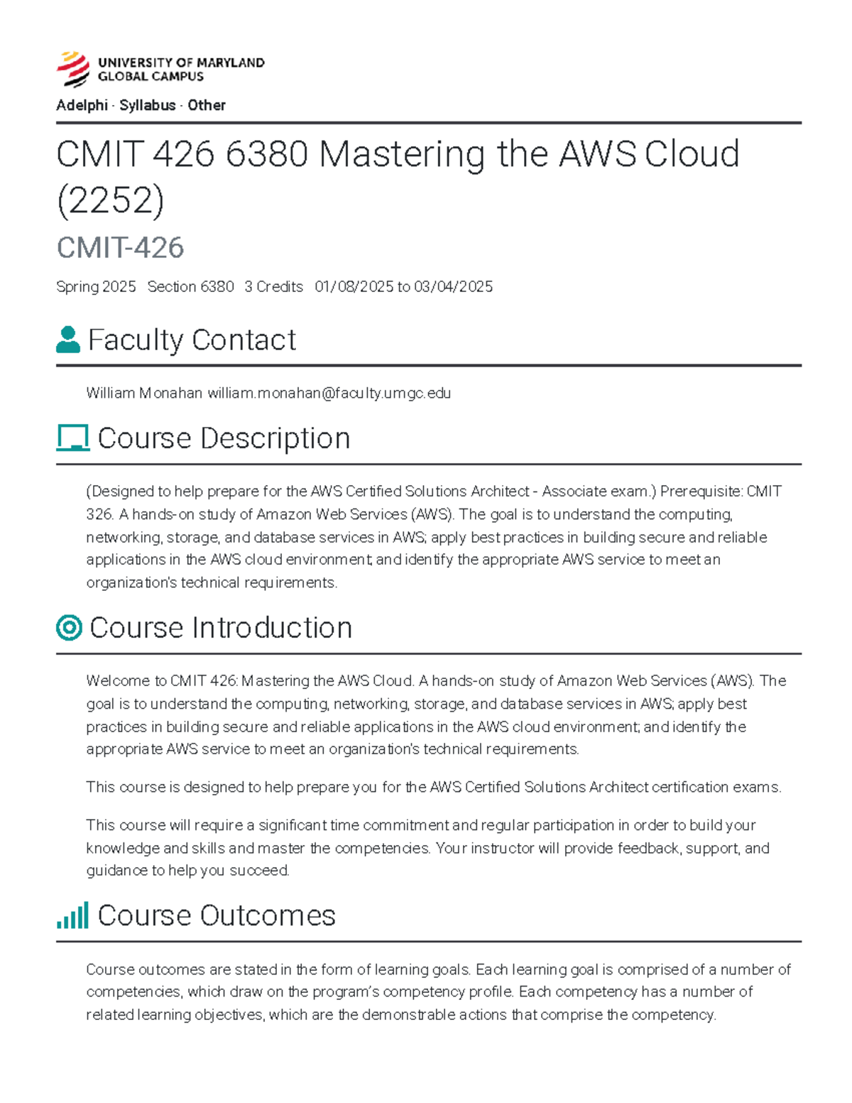 CMIT 426 6380 AWS Cloud Mastery Syllabus & Course Overview - Spring ...