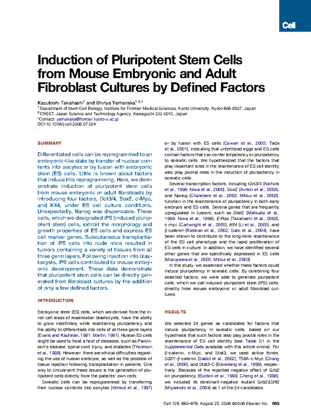 Artikel Yamanaka - okeay - Induction of Pluripotent Stem Cells from ...