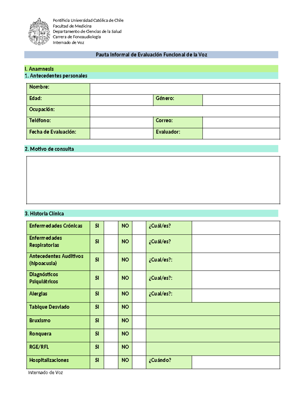 Internado de Voz - Pauta de Evaluación Funcional de la Voz I - Studocu