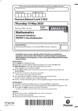 Pure Mathematics - A2 - A Level - Sixth Form (A Levels) - Studocu