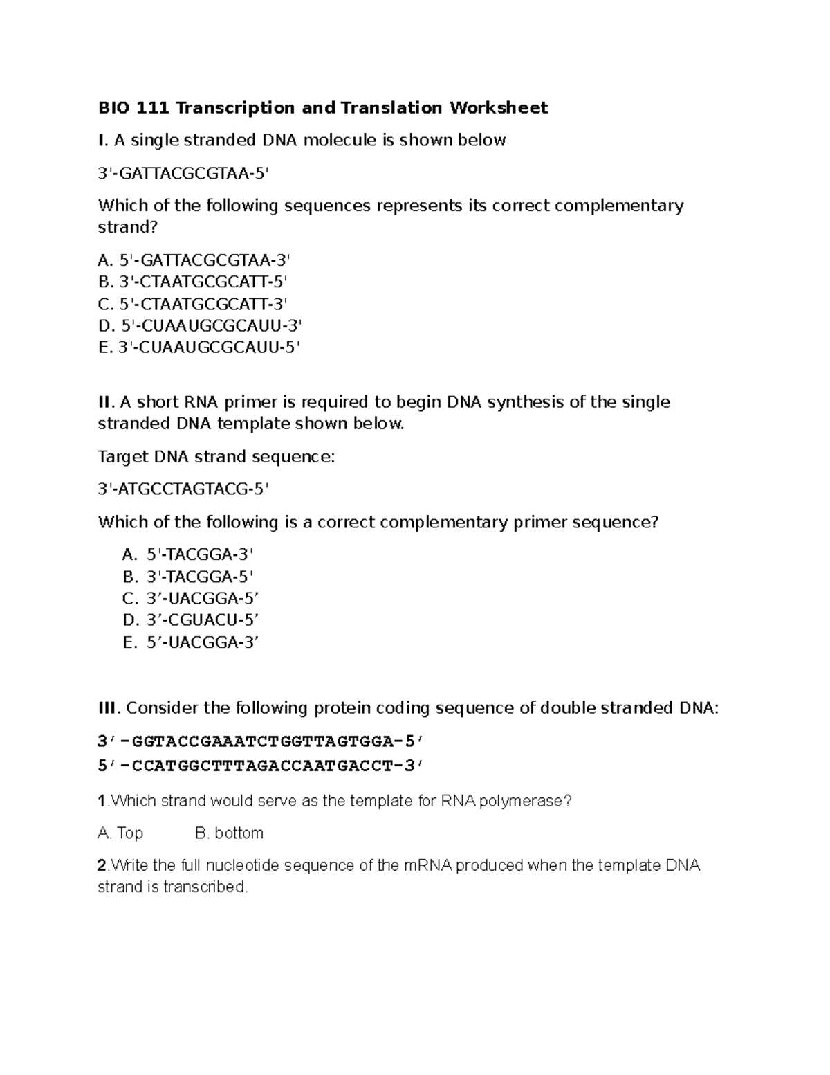 BIO 111 Transcription & Translation Worksheet: Key Concepts & Exercises ...