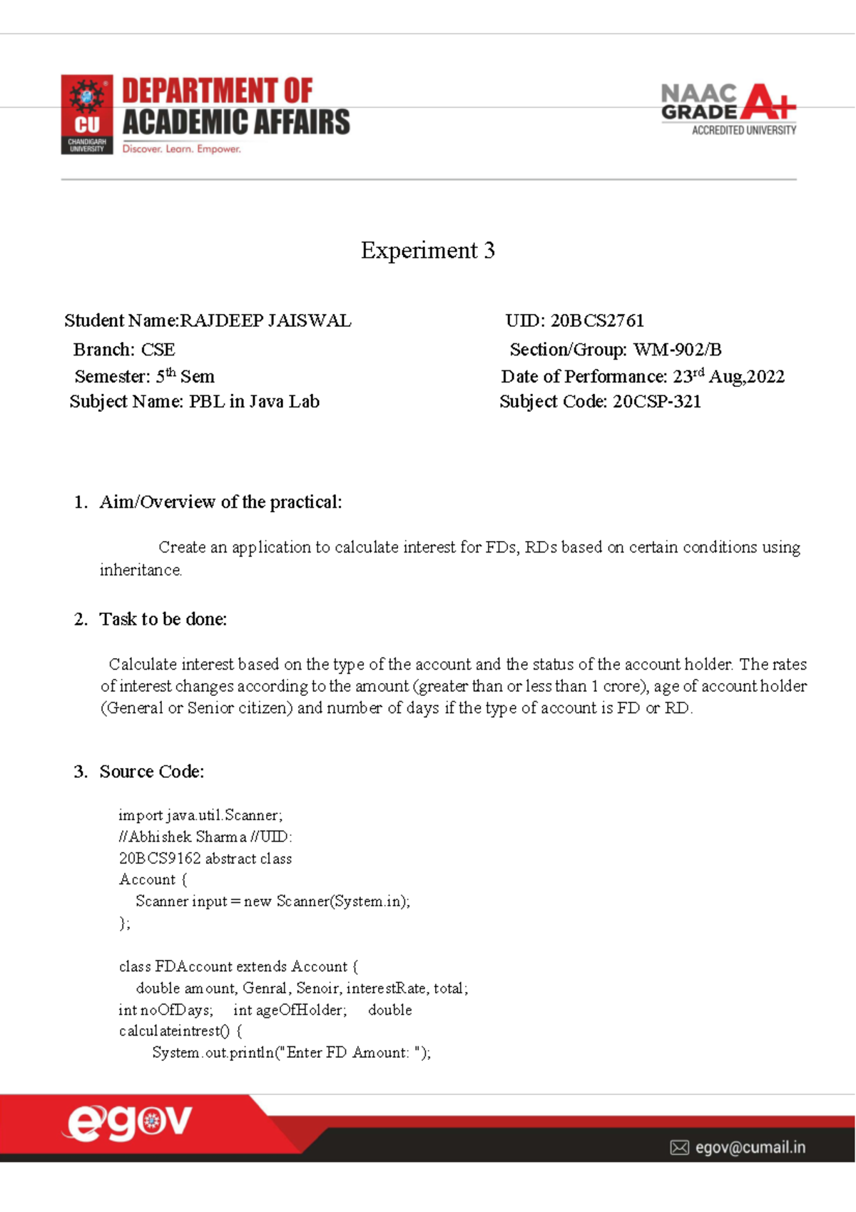 JAVA 3 - Worksheets - Experiment 3 Student Name:RAJDEEP JAISWAL UID ...