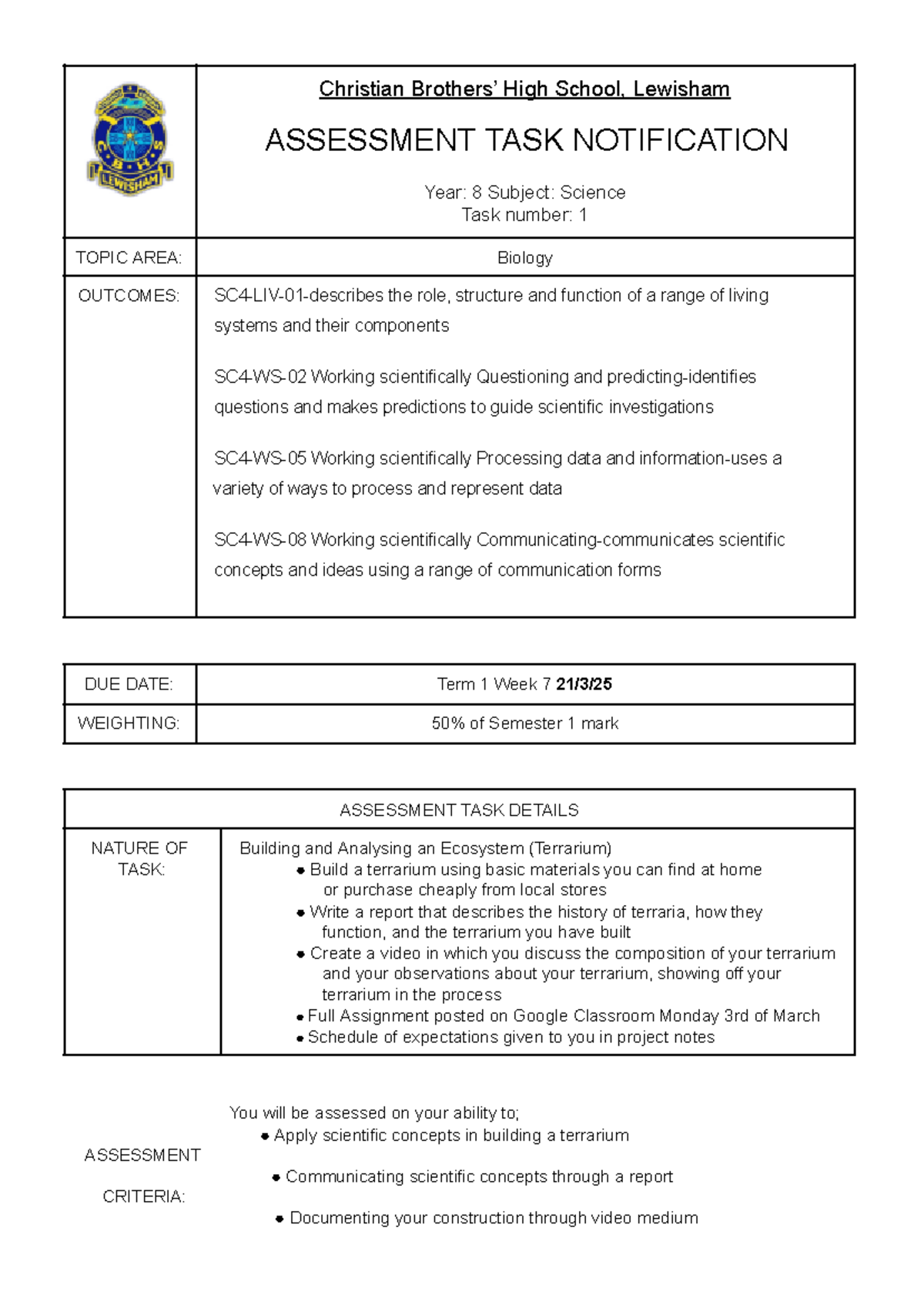 2025 Year 8 Task 1 Notification.docx (1) - Christian Brothers’ High School, Lewisham ASSESSMENT ...