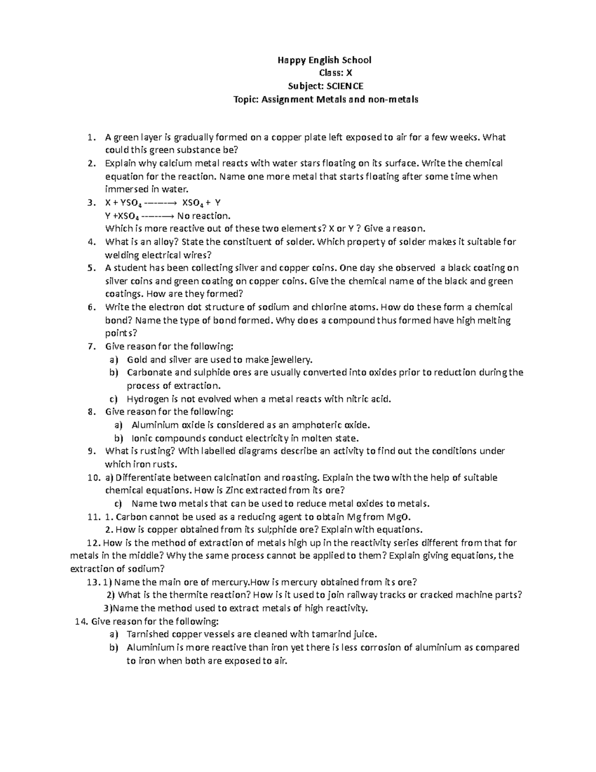 Metals and Non-Metals: Class X Science Assignment Worksheet - Studocu