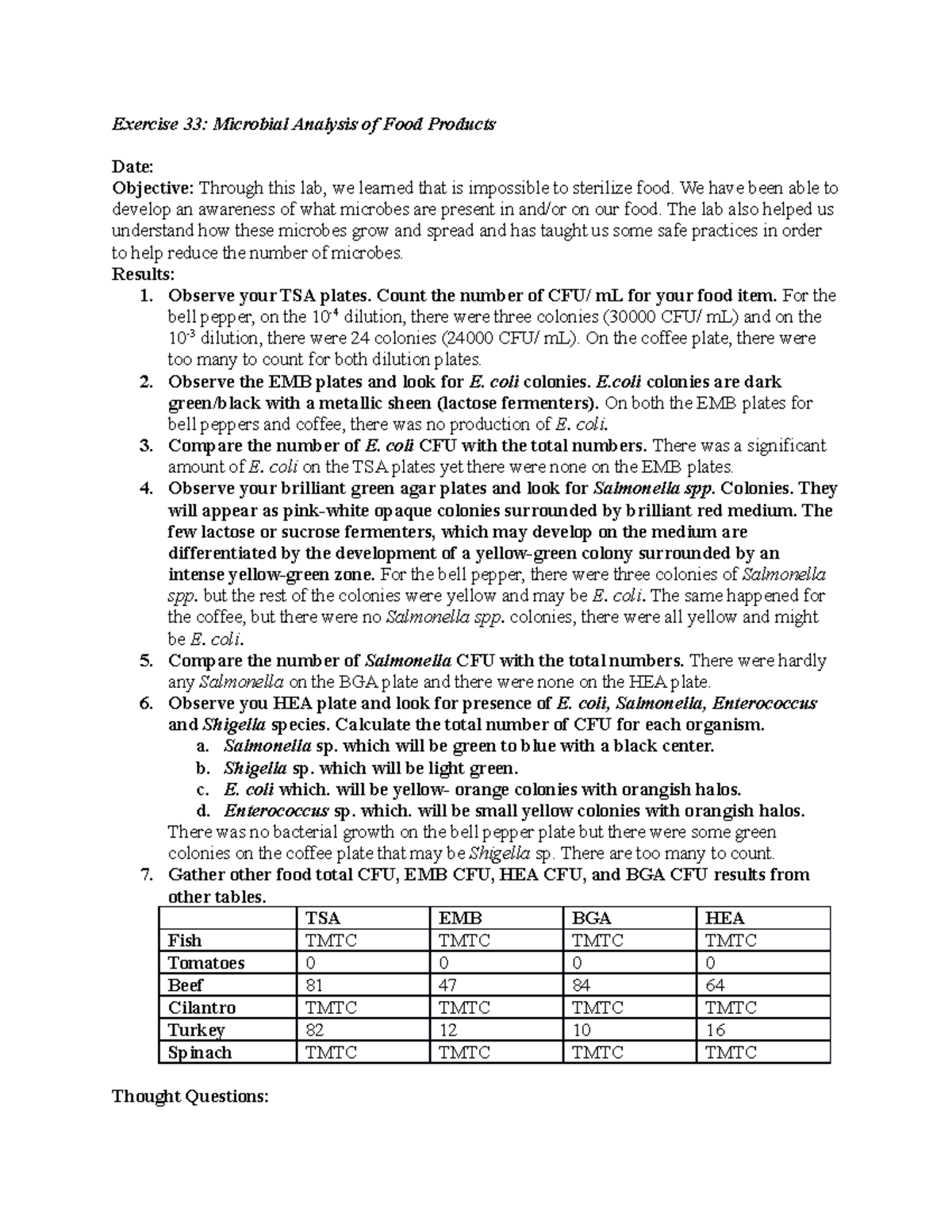 Microbial Analysis of Food Products - Lab Exercise 33 Report - Studocu