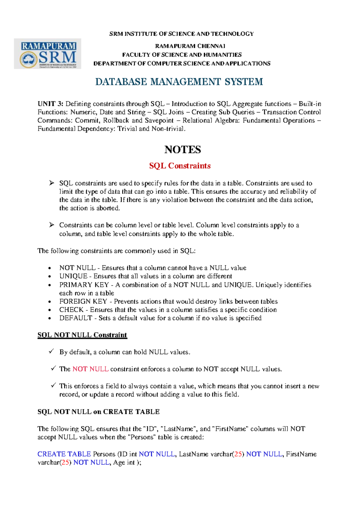 DBMS Notes Unit 3: SQL Constraints and Functions Overview - Studocu