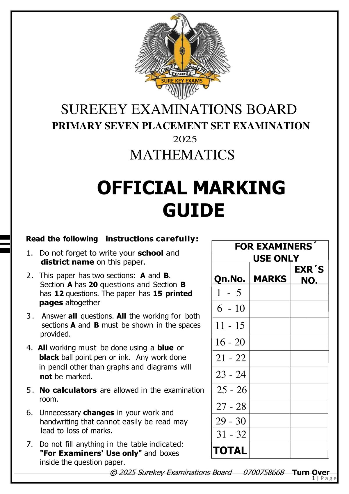 P7 2025 MTC placement set examination mathematics marking guide - Studocu