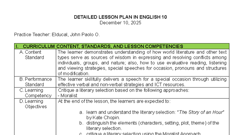 Detailed Lesson Plan: English 10 - Moralist Approach to Literature ...