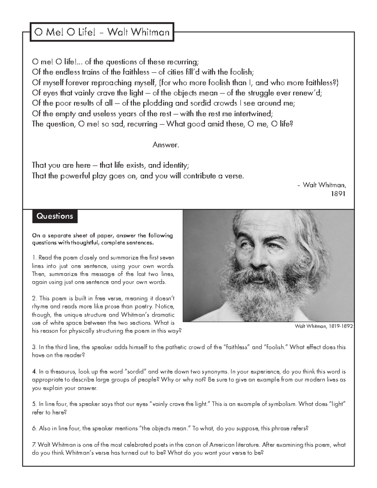 Student Copy: O Me! O Life! - Poetry Analysis & Reflection (ENG 101 ...