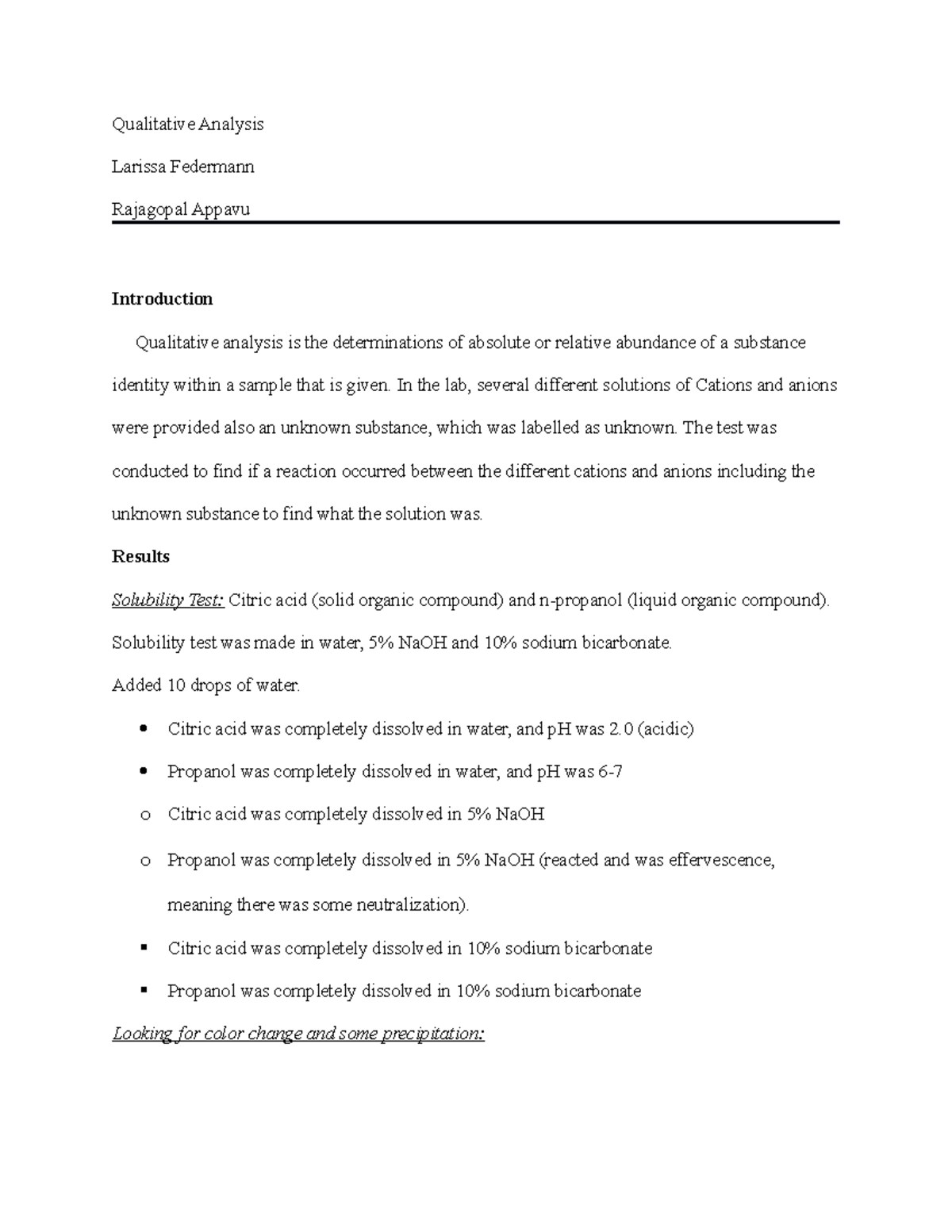Qualitative Analysis Lab Report - Cations and Anions Investigation ...