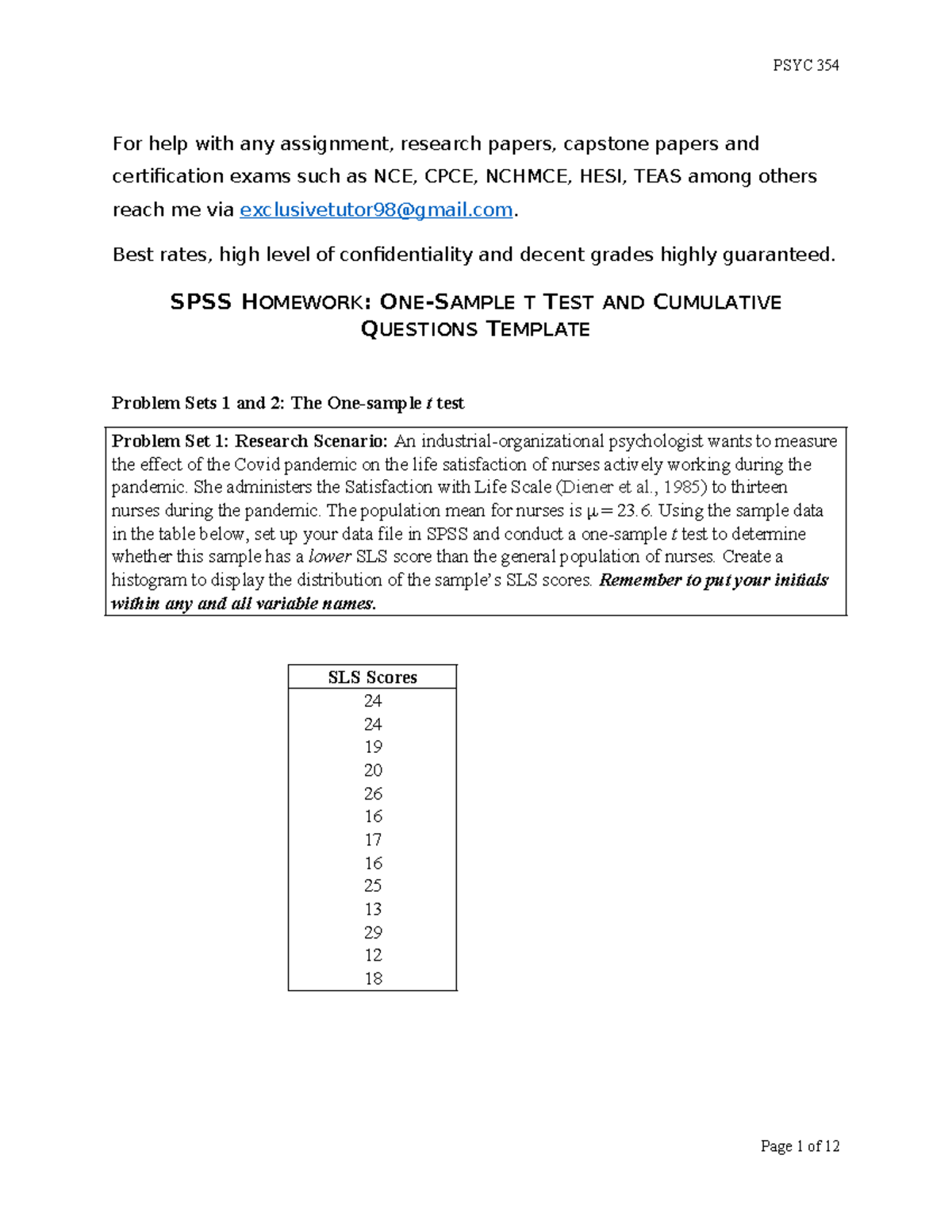 SPSS Homework One Sample t Test and Cumulative Questions Template - For ...