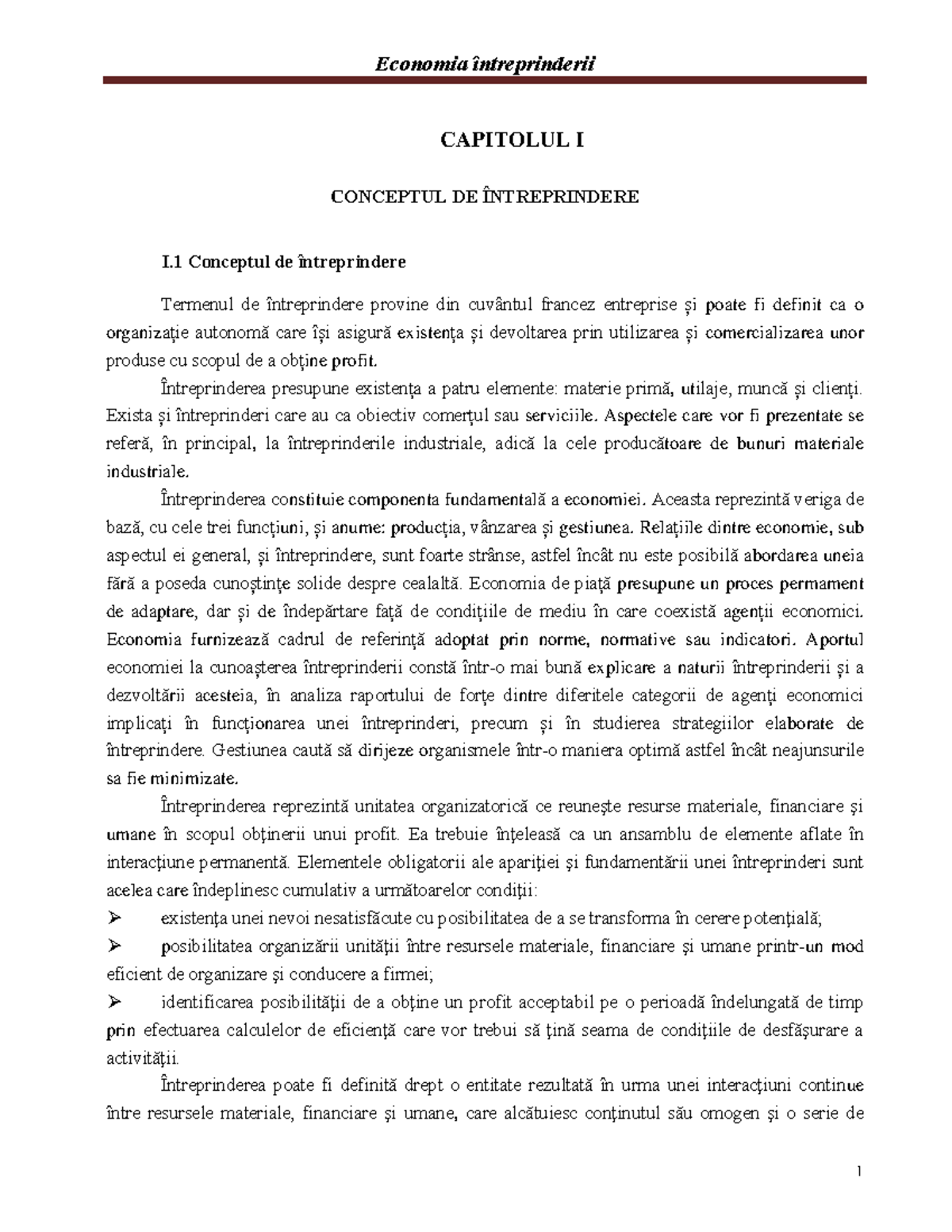 Capitolul I: Conceptul de Întreprindere în Economia Contemporană - Studocu