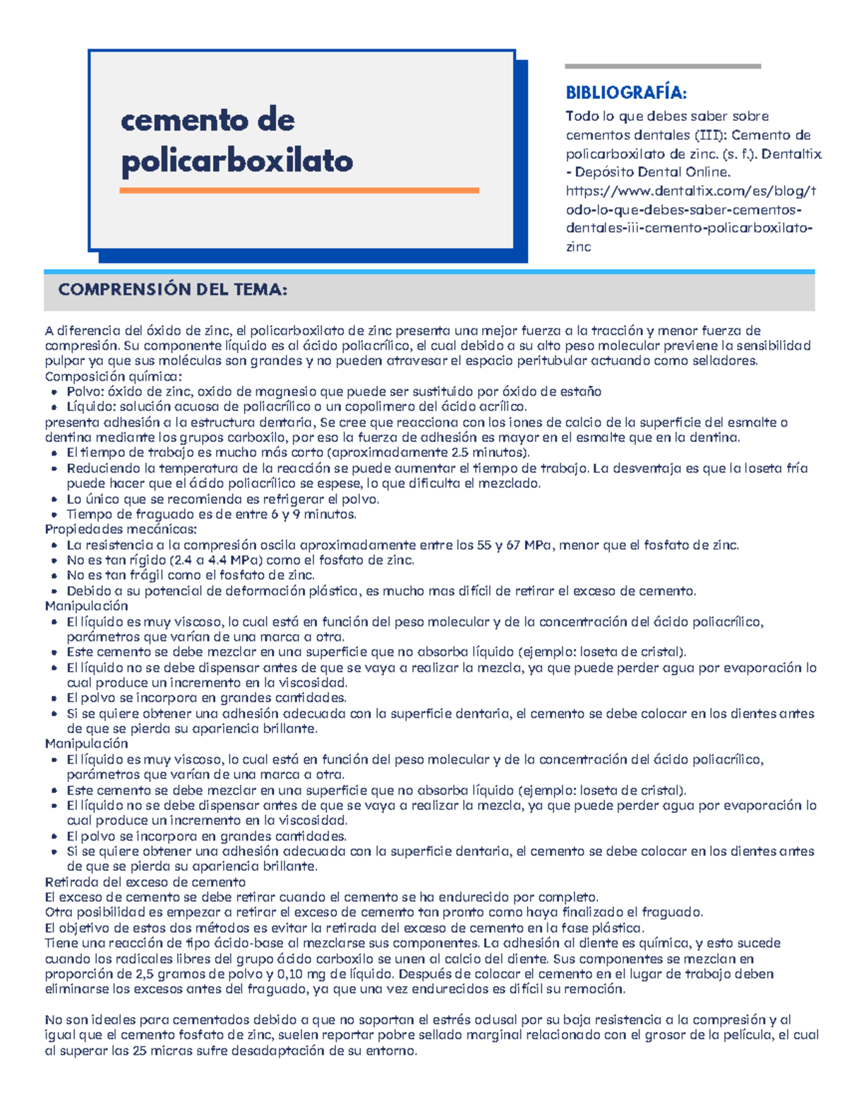 Cemento Policorboxilato: Propiedades, Manipulación y Aplicaciones en ...
