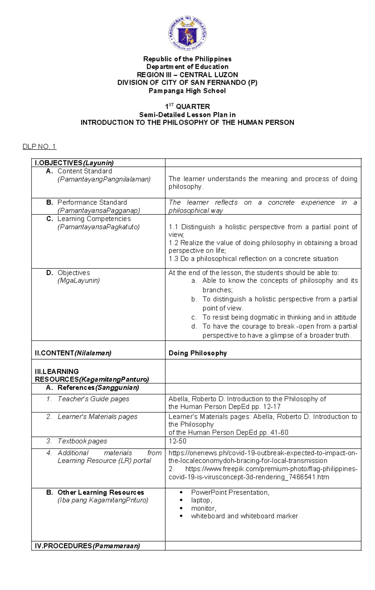 DLP-1: Semi-Detailed Lesson Plan on Introduction to Philosophy - Studocu