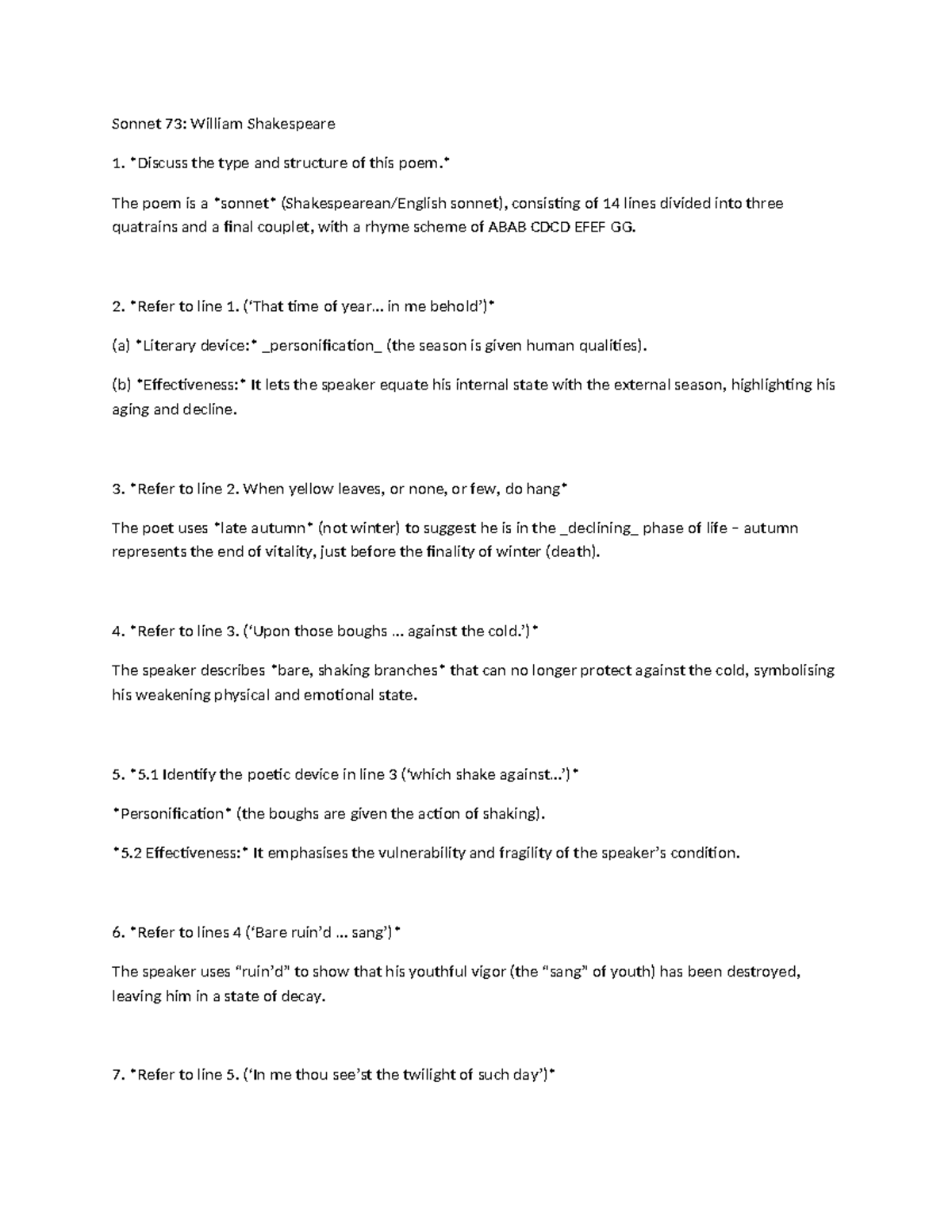 Sonnet 73 Analysis: Structure & Themes in Shakespeare's Work - Studocu