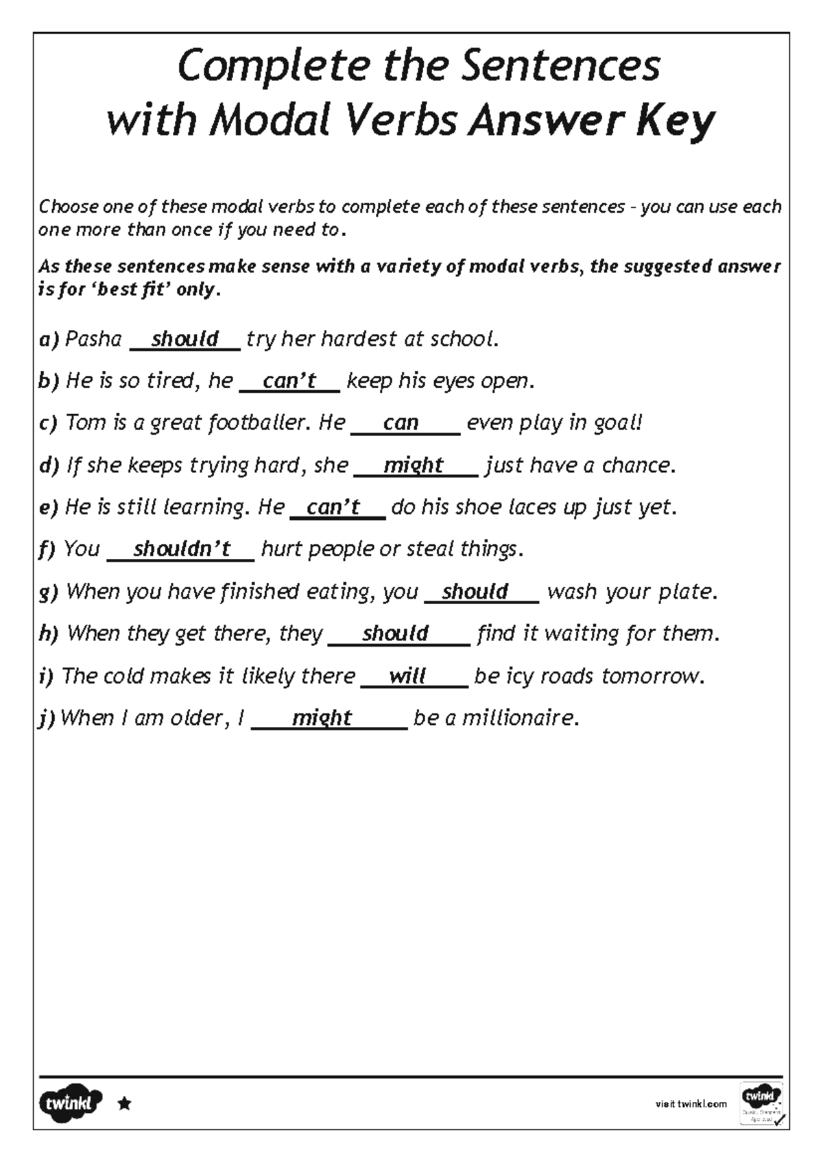 Modal Verbs Answer Key (AK) - Complete the Sentences Worksheet - Studocu
