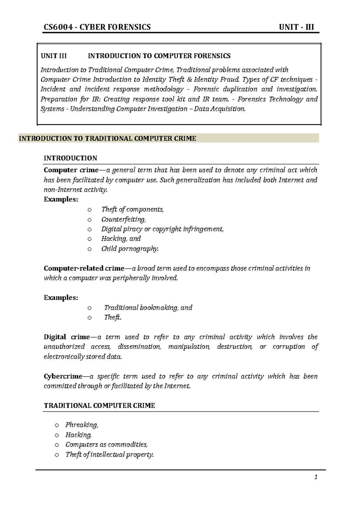 CS6004 CF UNIT 3 - Introduction to Computer Crime & Forensics - Studocu