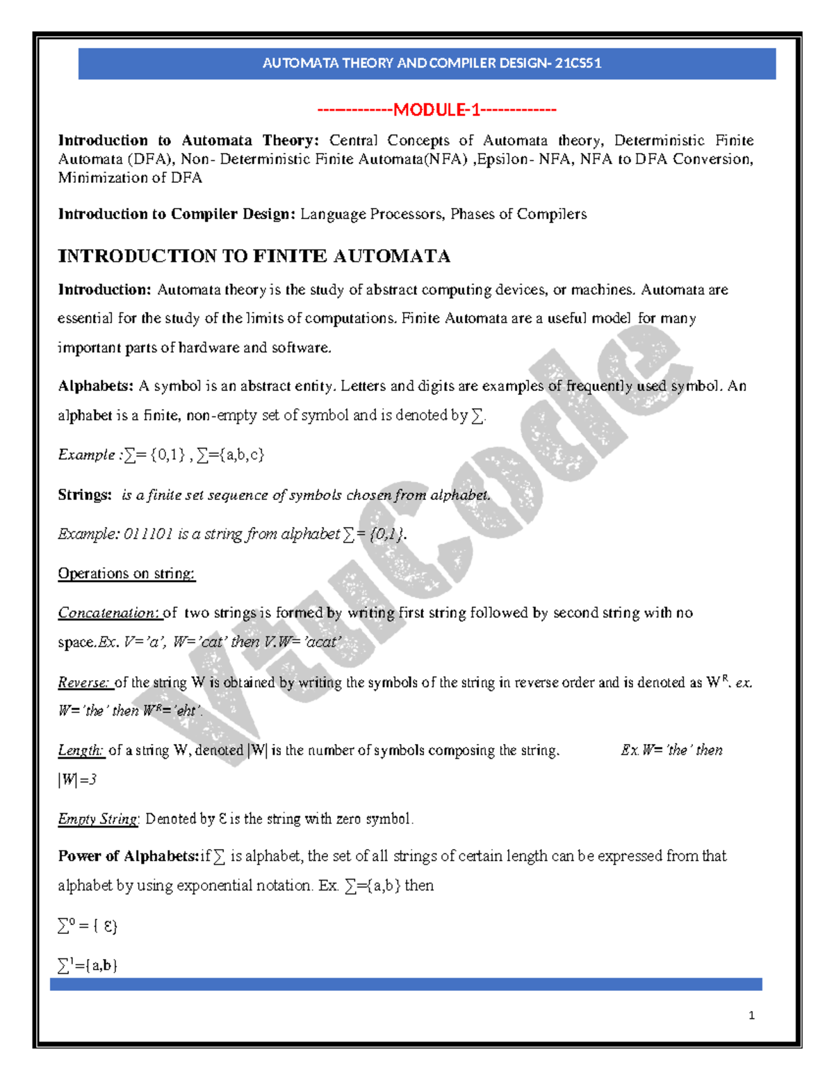 Automata Theory and Compiler Design Concepts 21CS51 - Studocu
