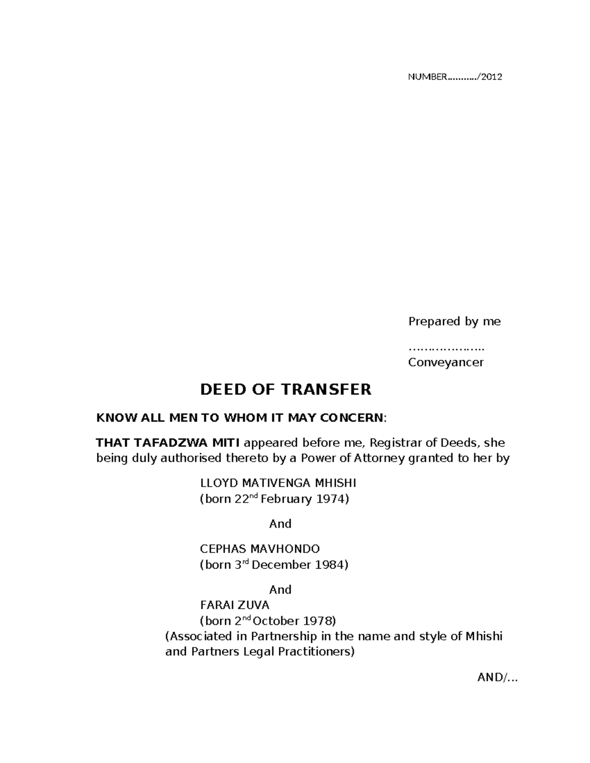 Deed of Transfer Template for Conveyancers - Legal Document - Studocu