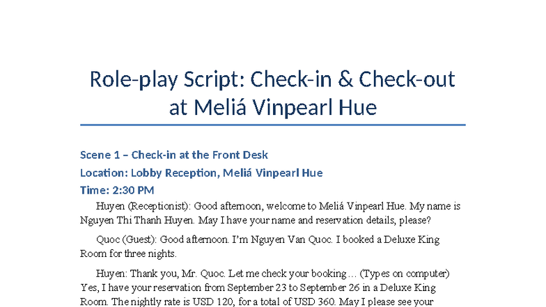 Melia Vinpearl Hue Roleplay Script: Front Desk Check-In Process - Studocu