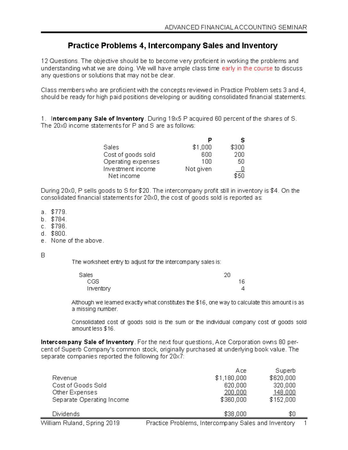Practice Problems 4: Intercompany Sales & Inventory Analysis - Studocu