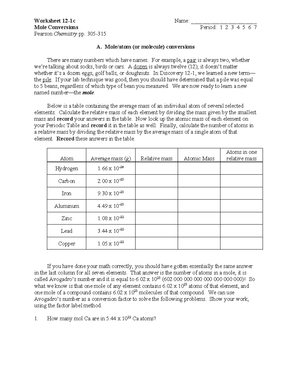 Mole Conversions Worksheet (Chemistry 12.1c) - Practice Problems - Studocu