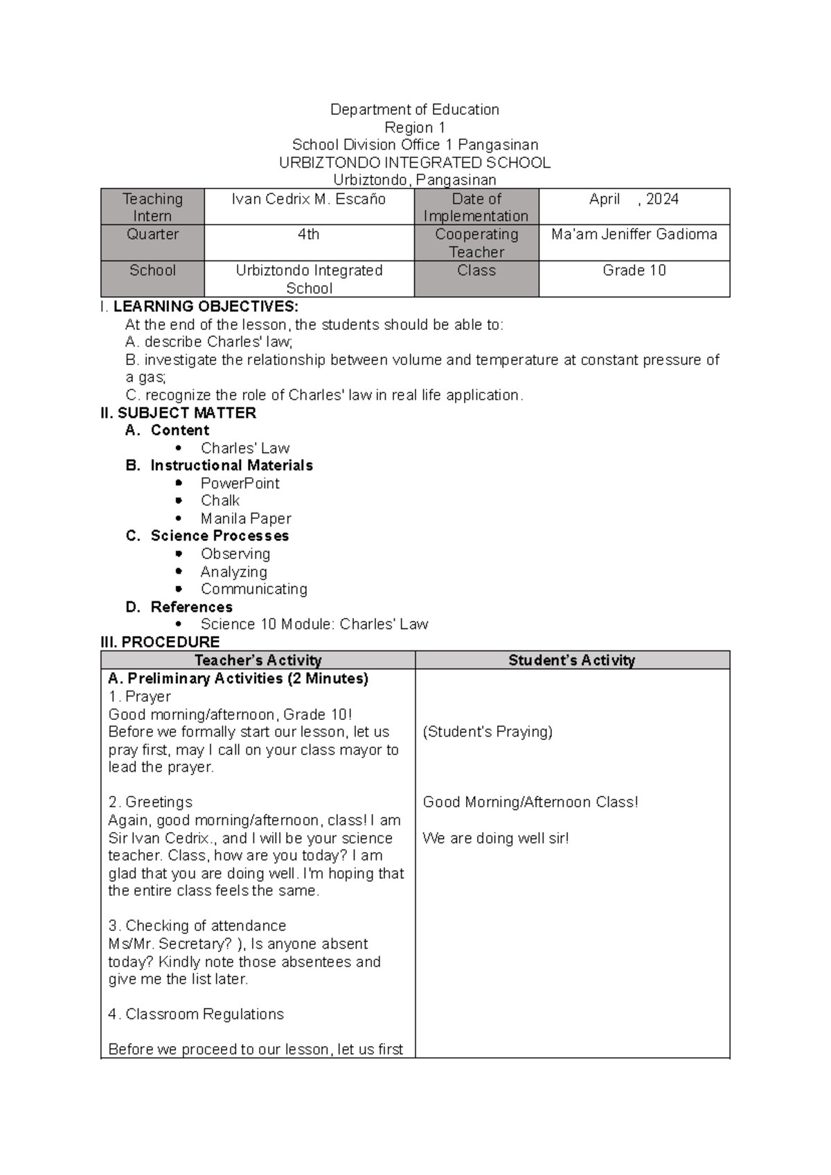 Grade 10 Science Lesson Plan: Understanding Charles' Law (Charle's Law ...