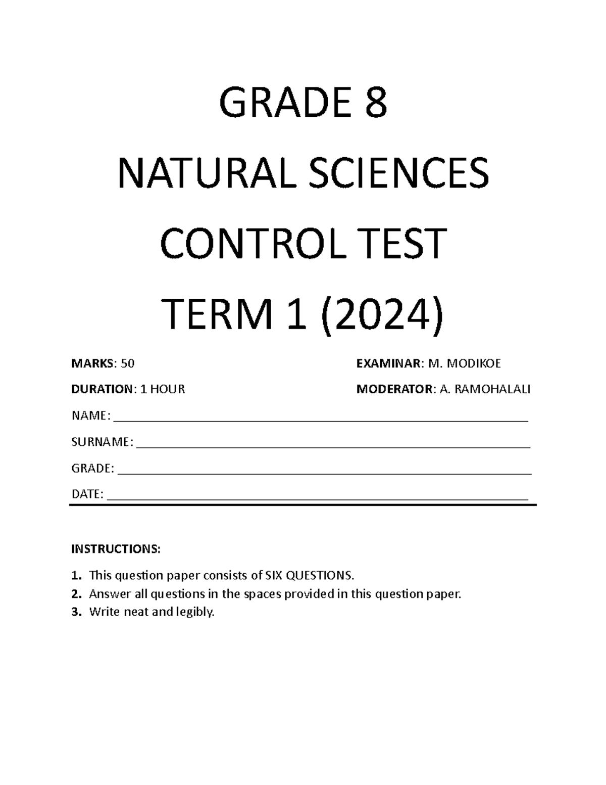 Grade 8 Natural Sciences Term 1 Control Test (2024) - Studocu