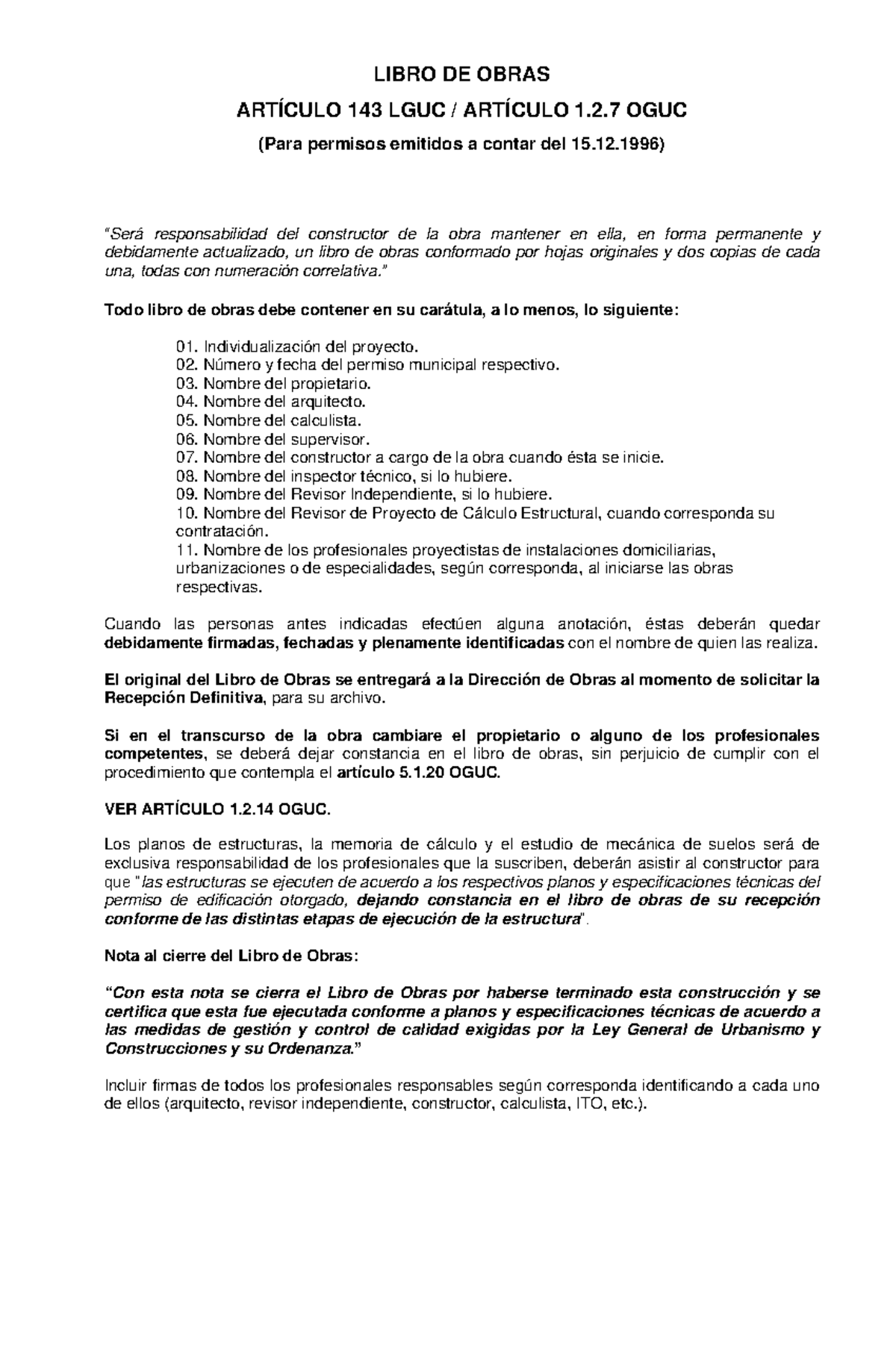 Guía Completa del Libro de Obras según LGUC y OGUC - Studocu