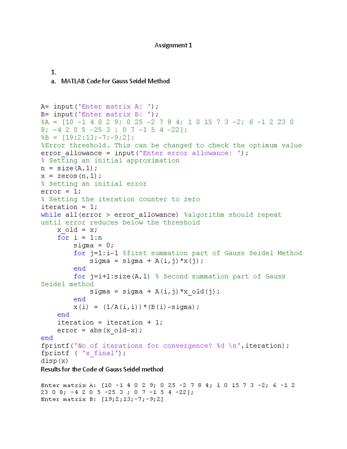 MATLAB Code Solutions for Assignment 1: Gauss Seidel & More - Studocu